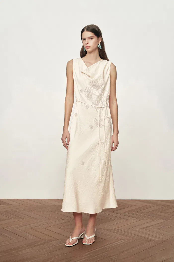 Phoebe Sleeveless Cowl Neck Dress in Crinkle Acetate – fbrq.com