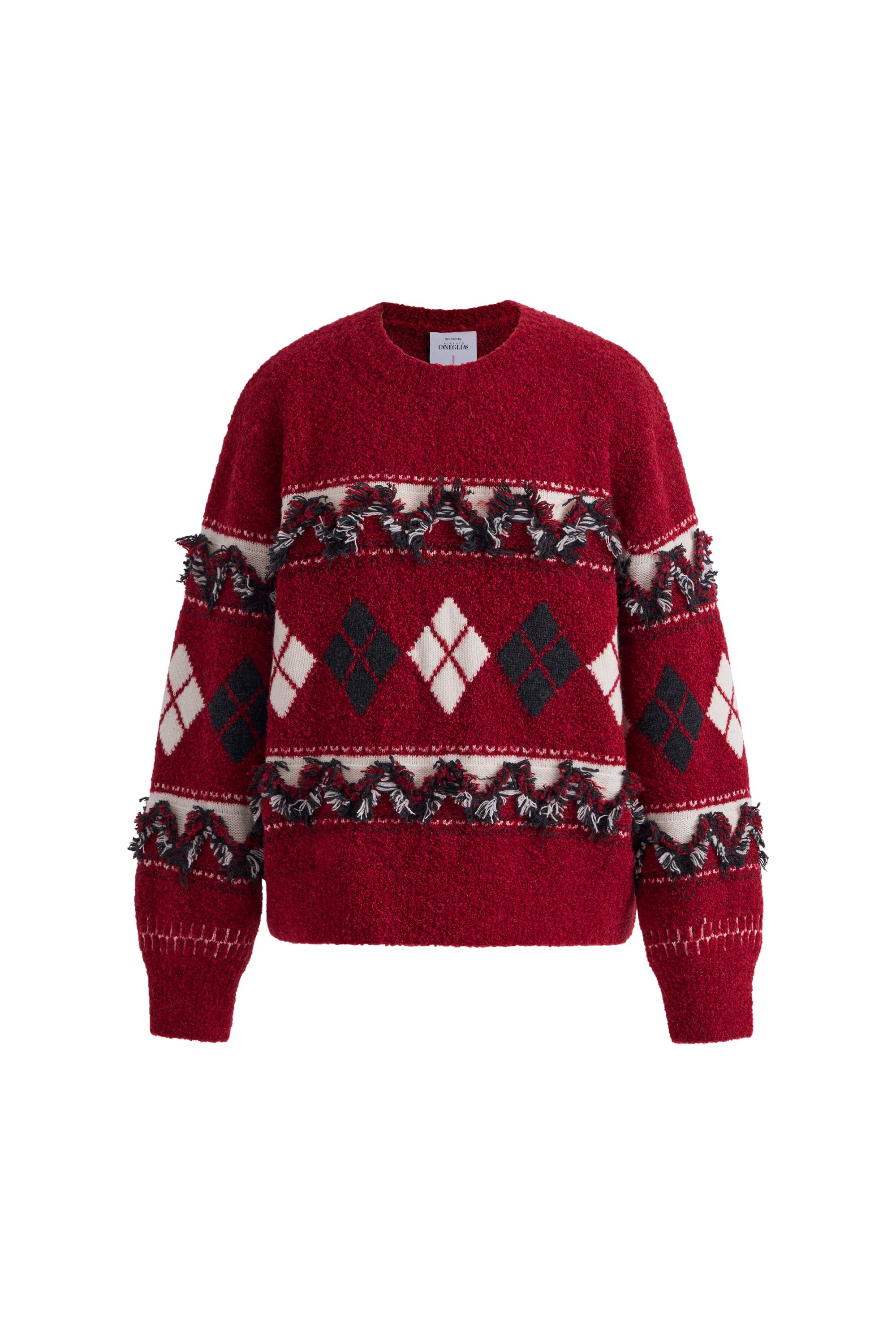 Crimson 3D Argyle Sweater in Merino Wool Loop Bouclé Yarn – fbrq.com